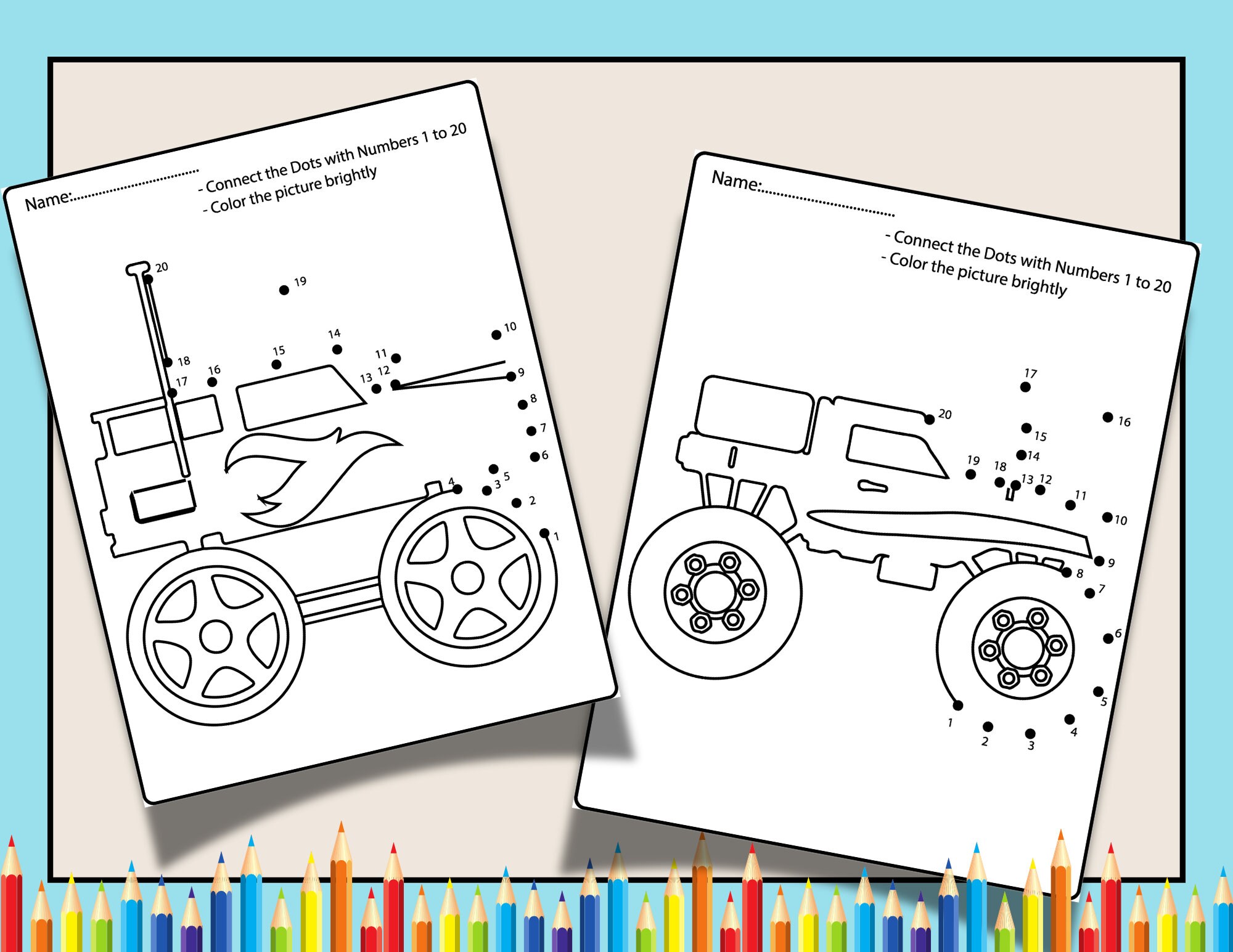 Monster Truck Dot to Dot Worksheets: Kids Activity (PDF & JPG) - Etsy