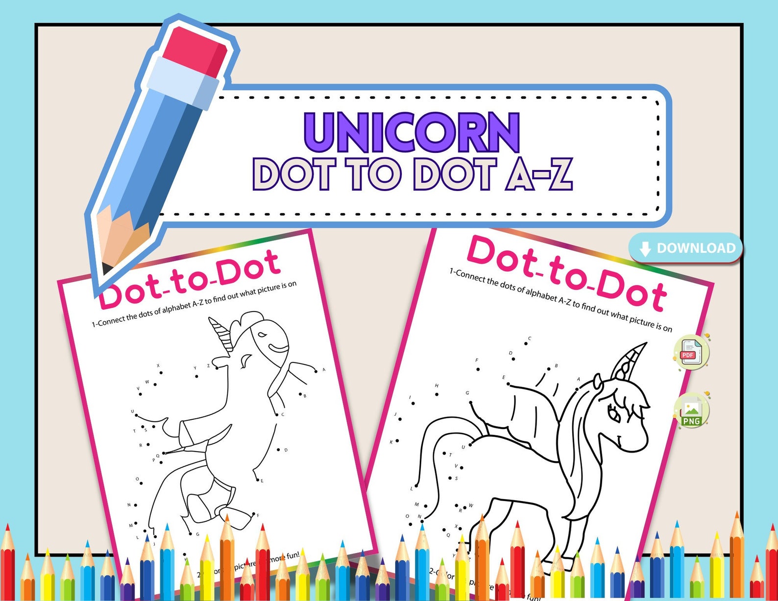 Unicorn Dot to Dot Worksheets for Kids A to Z Printable PDF PNG - Etsy
