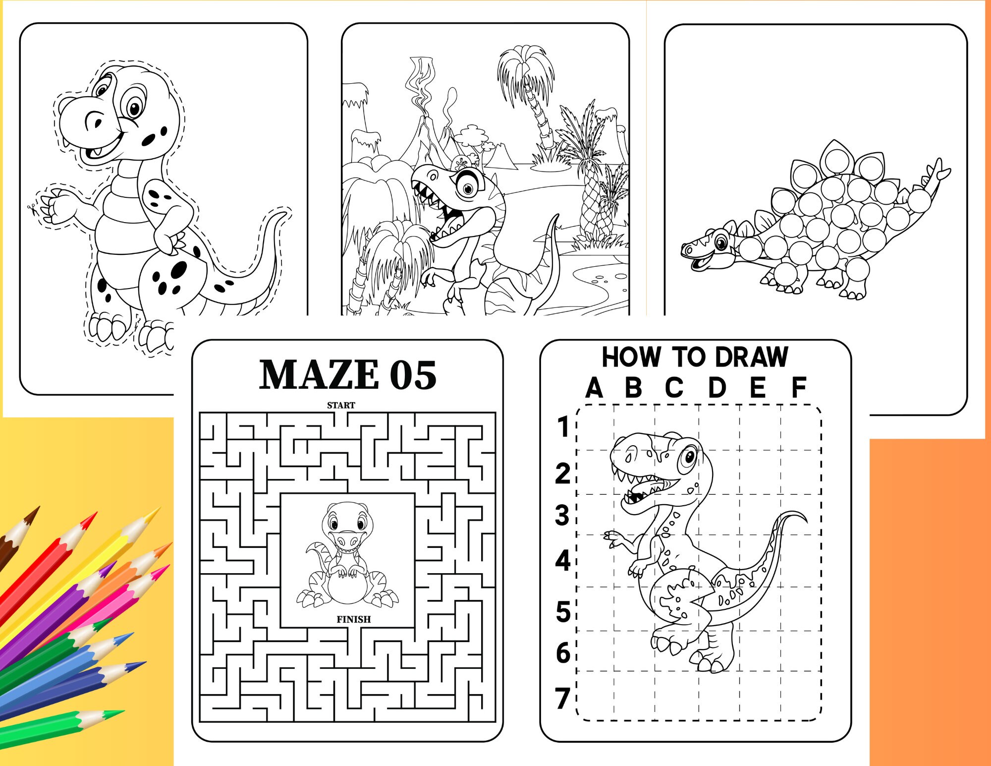 Dinosaur Adventure Activity Book for Kids Coloring Mazes Dot to Dot and ...