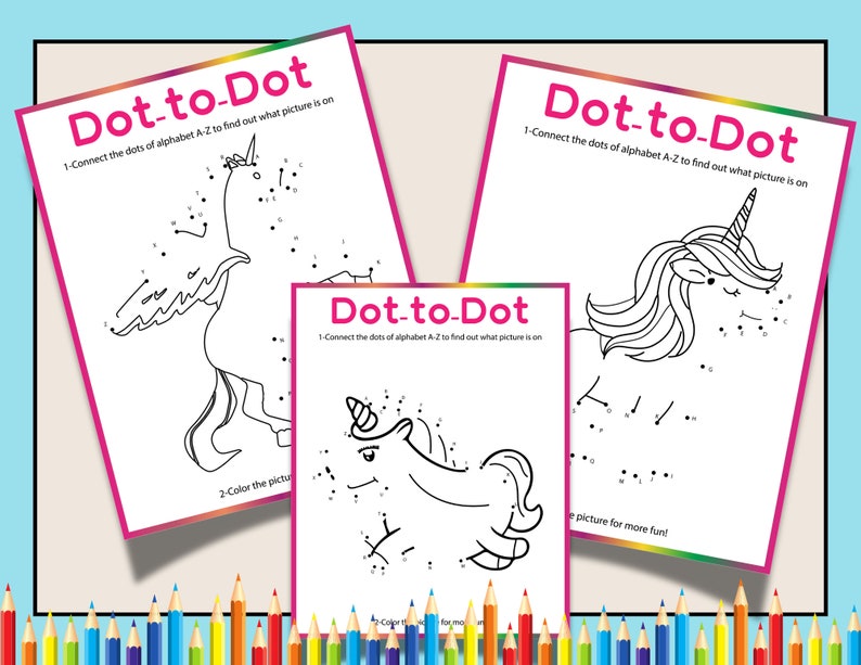 5 Unicorn Worksheets for Kids, Dot to Dot A-Z, Printable PDF and PNG - Etsy