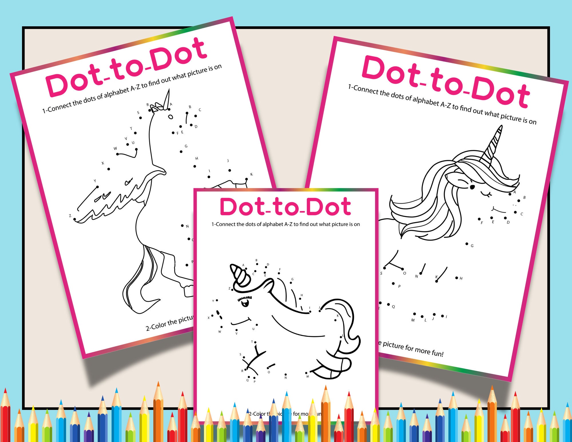 5 Unicorn Worksheets for Kids, Dot to Dot A-Z, Printable PDF and PNG - Etsy