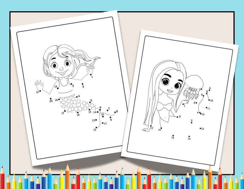 60 Mermaid Dot to Dot Activity Worksheets for Kids, All Ages, Learning ...