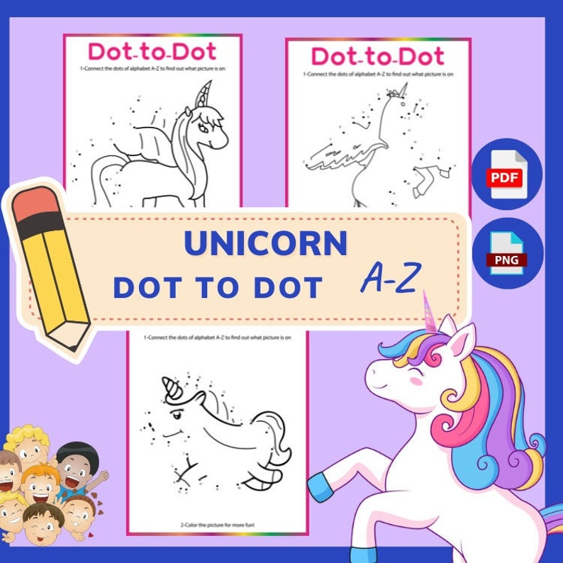 5 Unicorn Worksheets for Kids, Dot to Dot A-Z, Printable PDF and PNG - Etsy