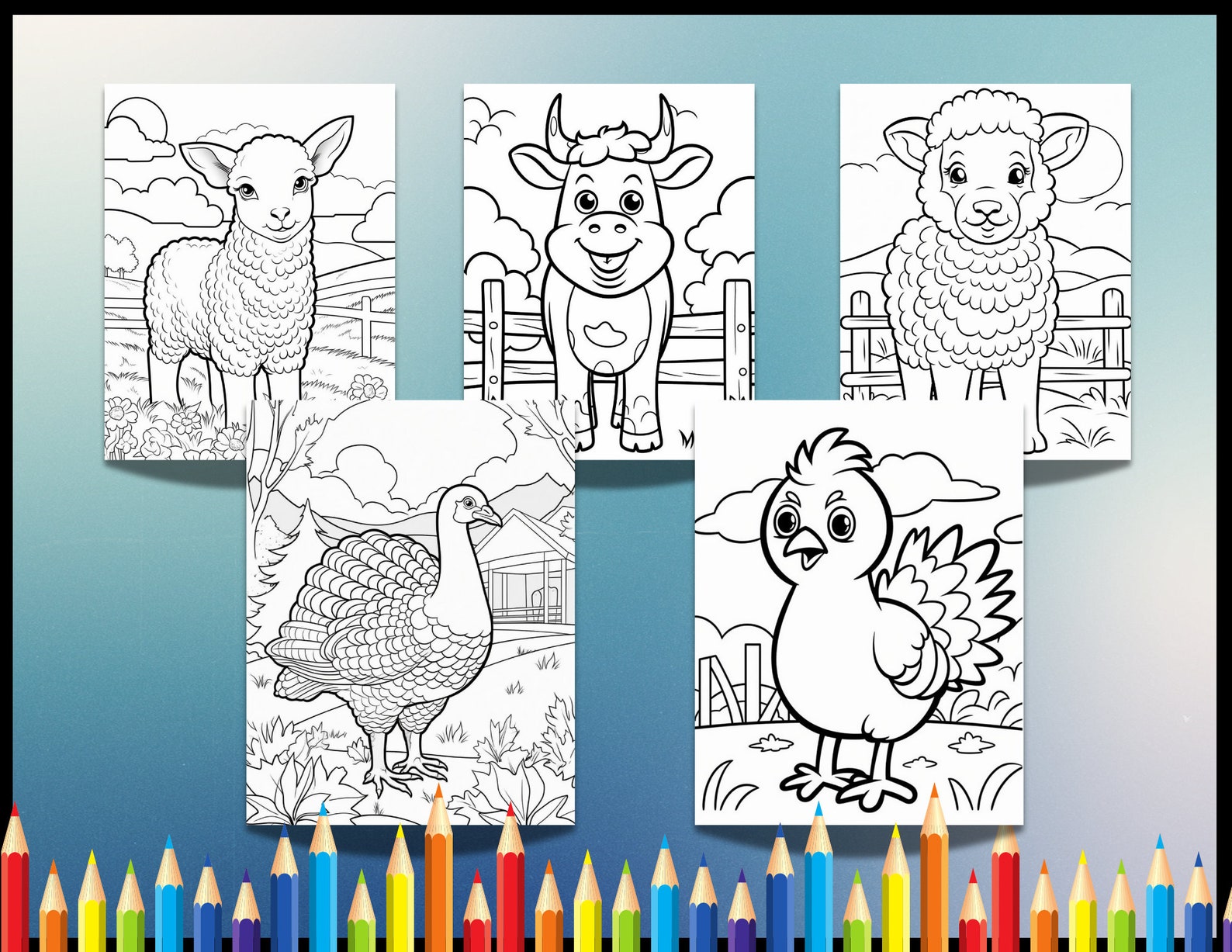 180 Cute Farm Animals Coloring Book for Kids, Printable PDF, JPG, PNG ...