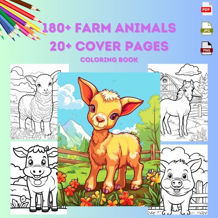 180 Cute Farm Animals Coloring Book for Kids, Printable PDF, JPG, PNG ...