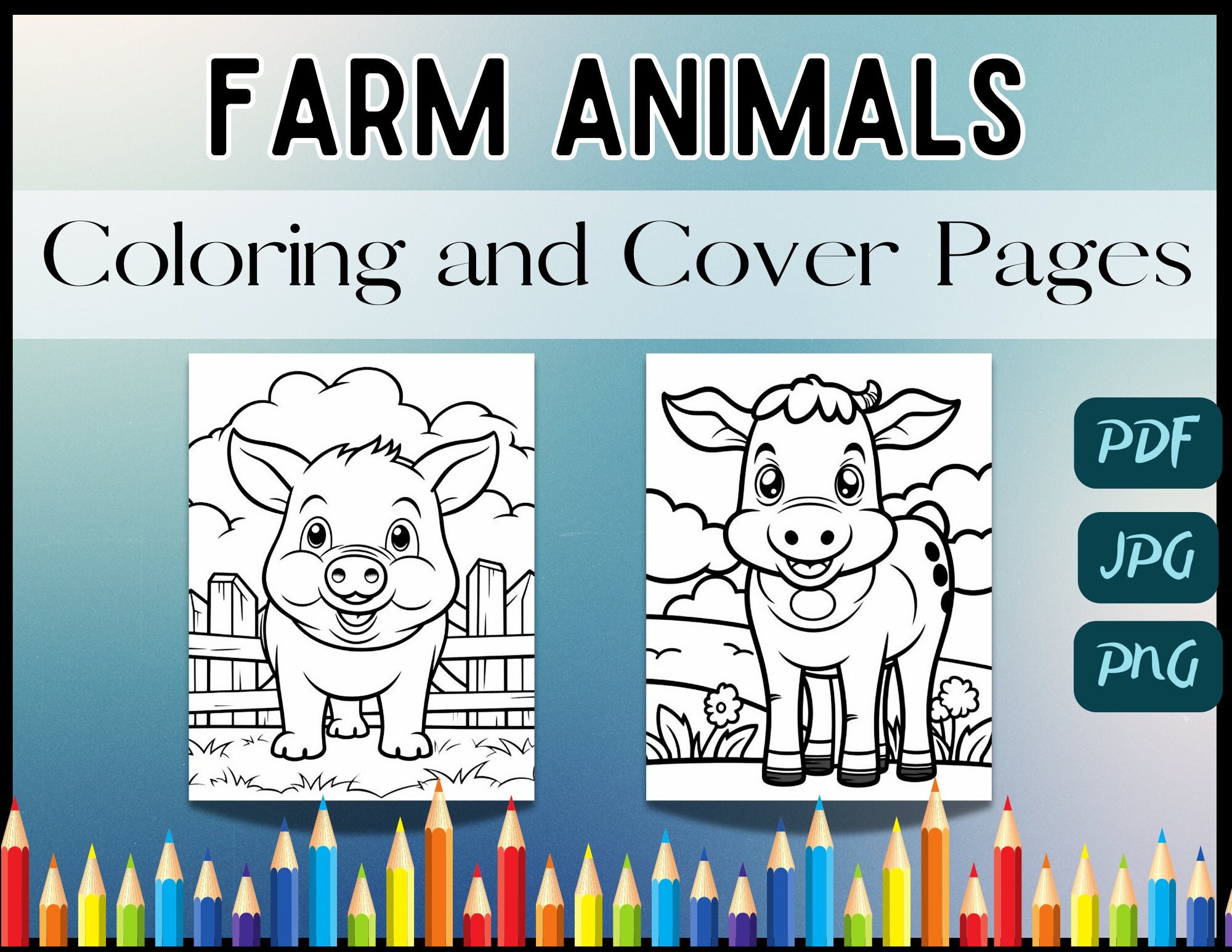 180 Cute Farm Animals Coloring Book for Kids, Printable PDF, JPG, PNG ...