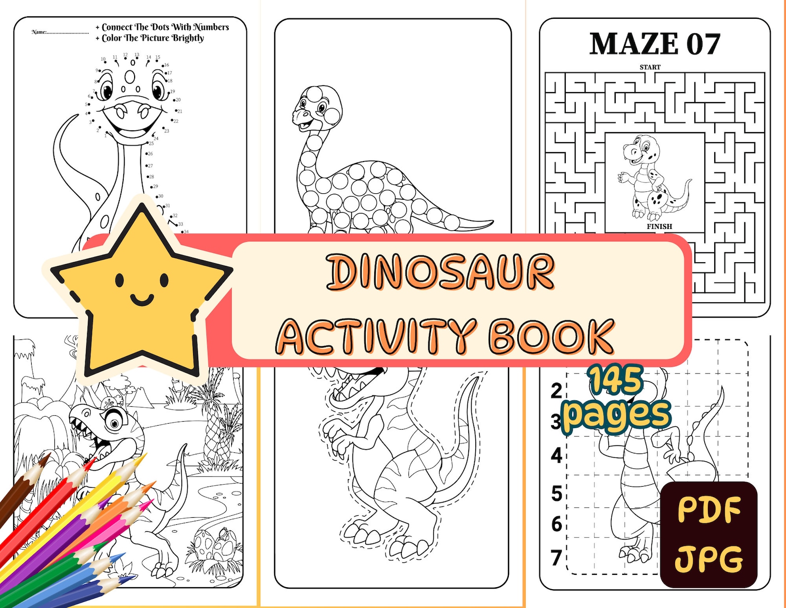 Dinosaur Adventure Activity Book for Kids Coloring Mazes Dot to Dot and ...