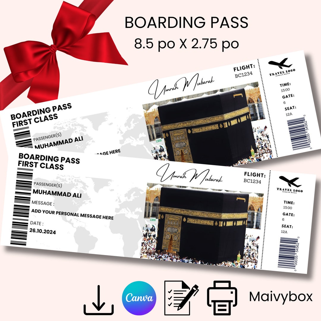 Umrah Boarding Pass, Editable Hajj Plane Ticket for Umrah, Gift for ...
