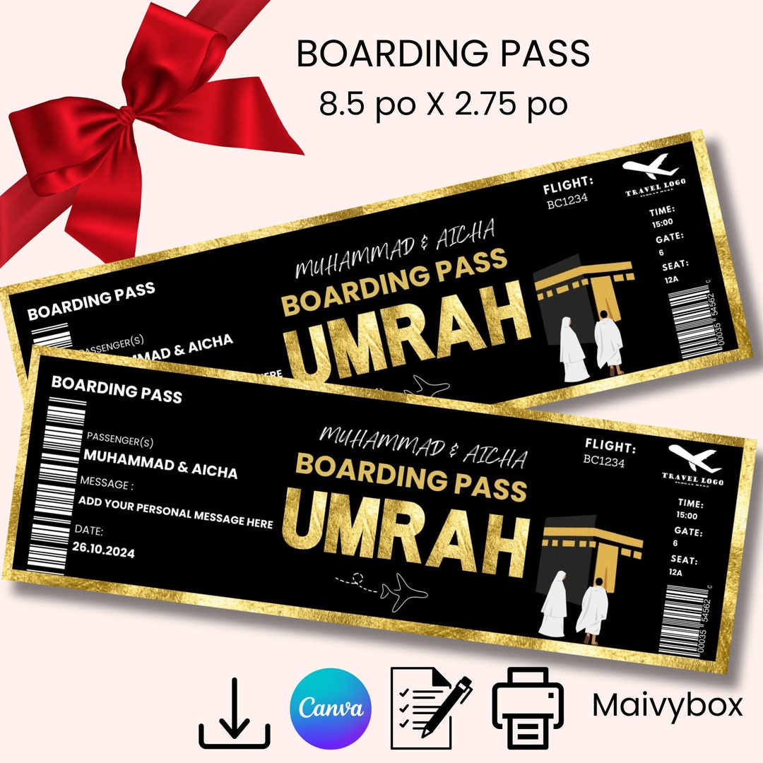 Umrah Boarding Pass, Editable Hajj Plane Ticket for Umrah, Gift for ...