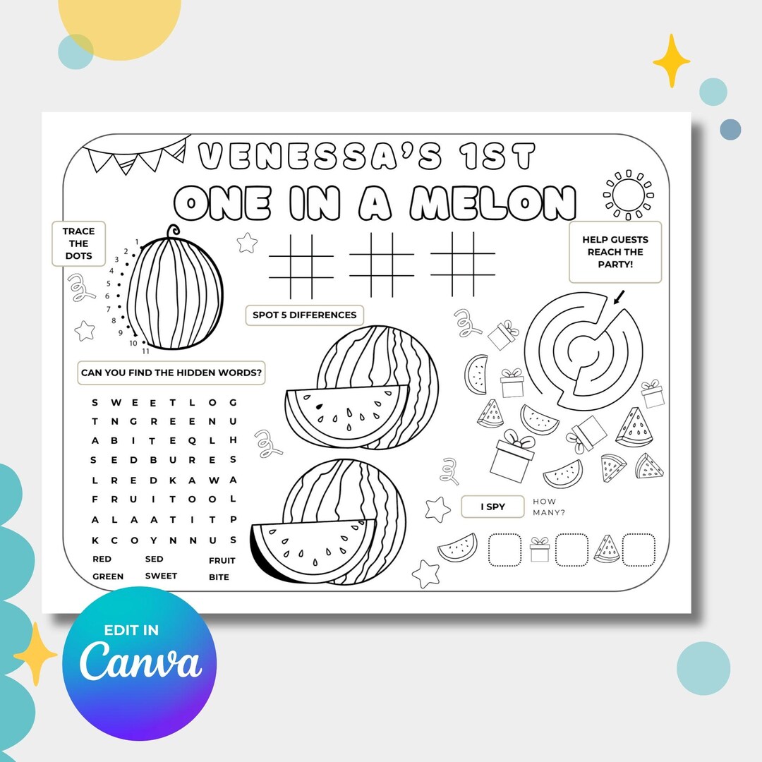 One in a Melon Birthday Placemat: Editable Kids Activity Sheet (digital ...