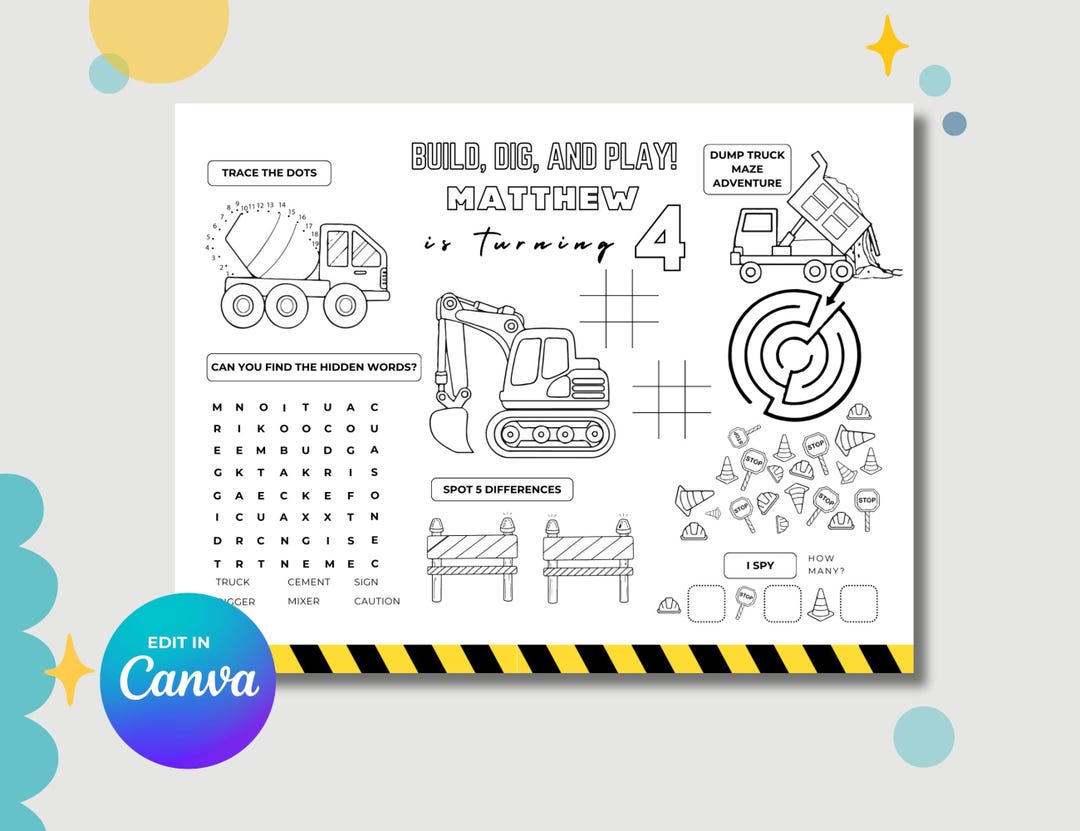Custom Coloring Pages Birthday Construction Theme, Editable ...