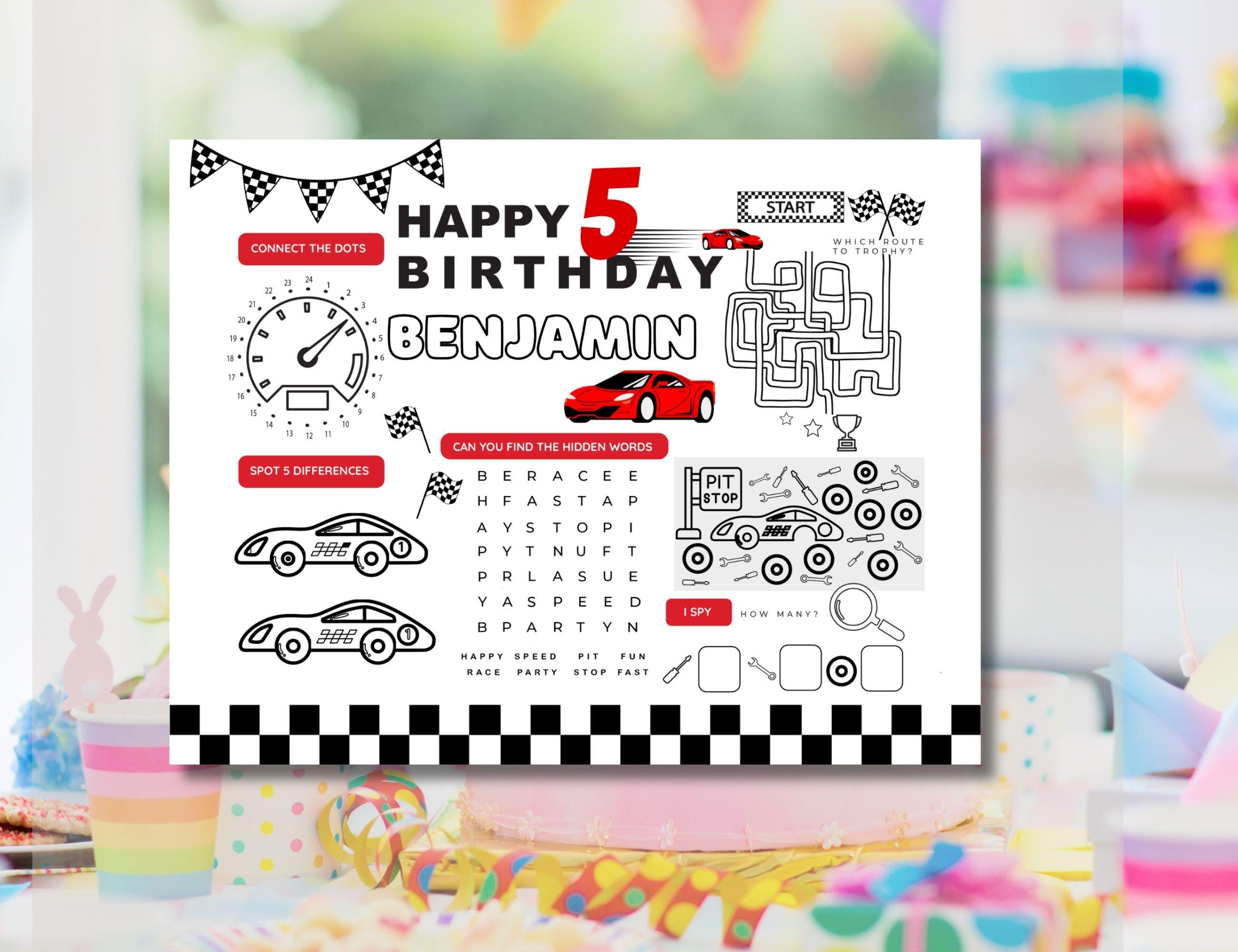 Editable Race Car Theme Party Activity Placemat, Custom Race Car ...