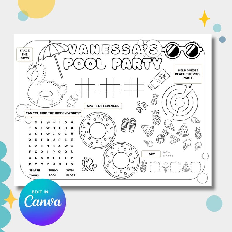 Pool Party Activity Sheet: Kids Birthday Placemat (editable Canva ...