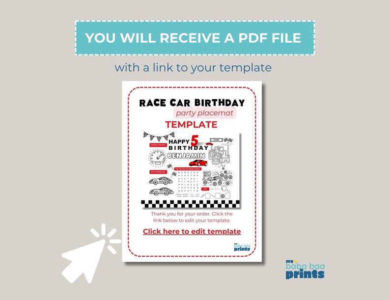 Editable Race Car Theme Party Activity Placemat, Custom Race Car ...