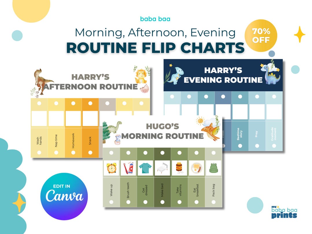Dinosaur Kids Flip Routine Chart, Editable Visual Schedule, Daily ...