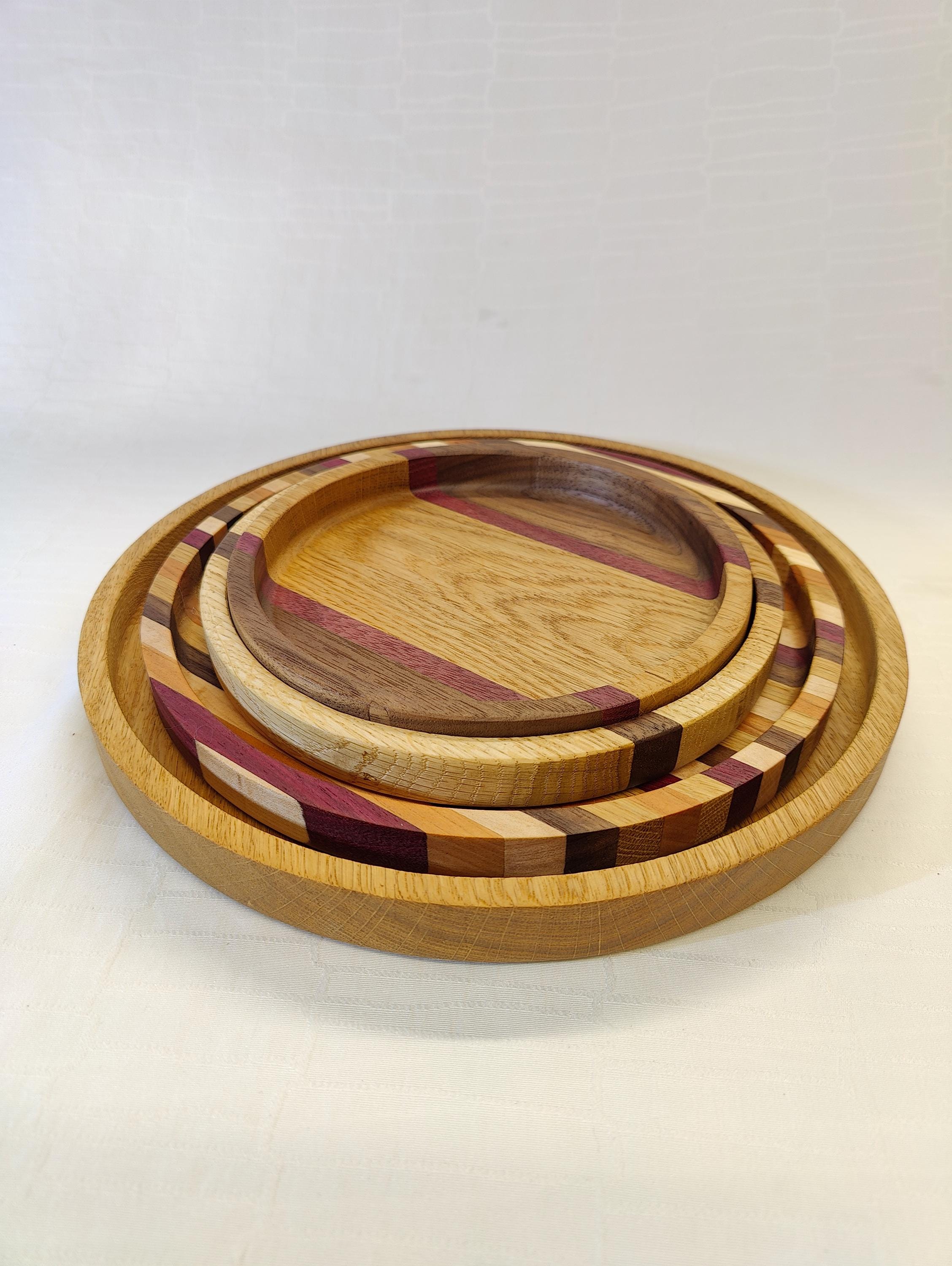 Round Wooden Serving Tray | Decorative Striped Tray in Different Wood ...