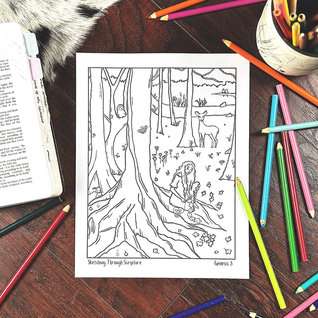 Génesis 3 Adán y Eva Jardín Historia Biblia para colorear Página PDF ...