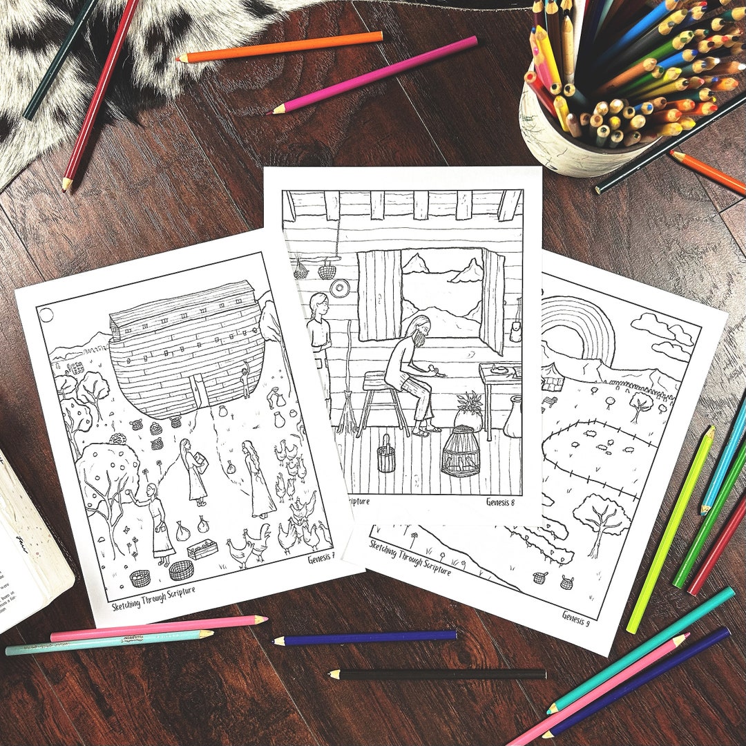 Genesis 7, 8 and 9 Bible Story Coloring Pages PDF: Noah's Ark, Noah ...