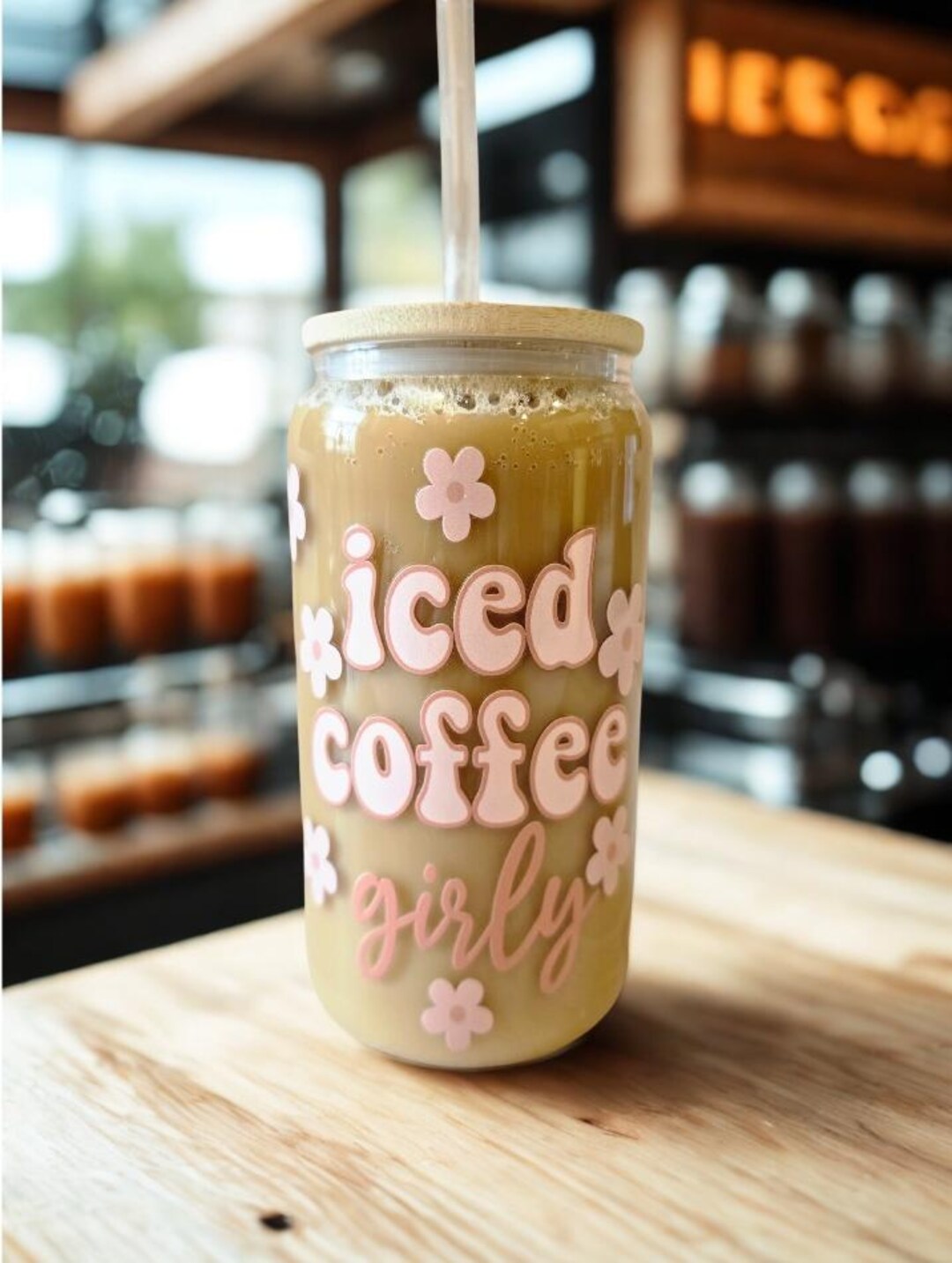 Iced Coffee Glass Cup,16 Oz Girly Cup With Lid and Straw,cute Pink ...