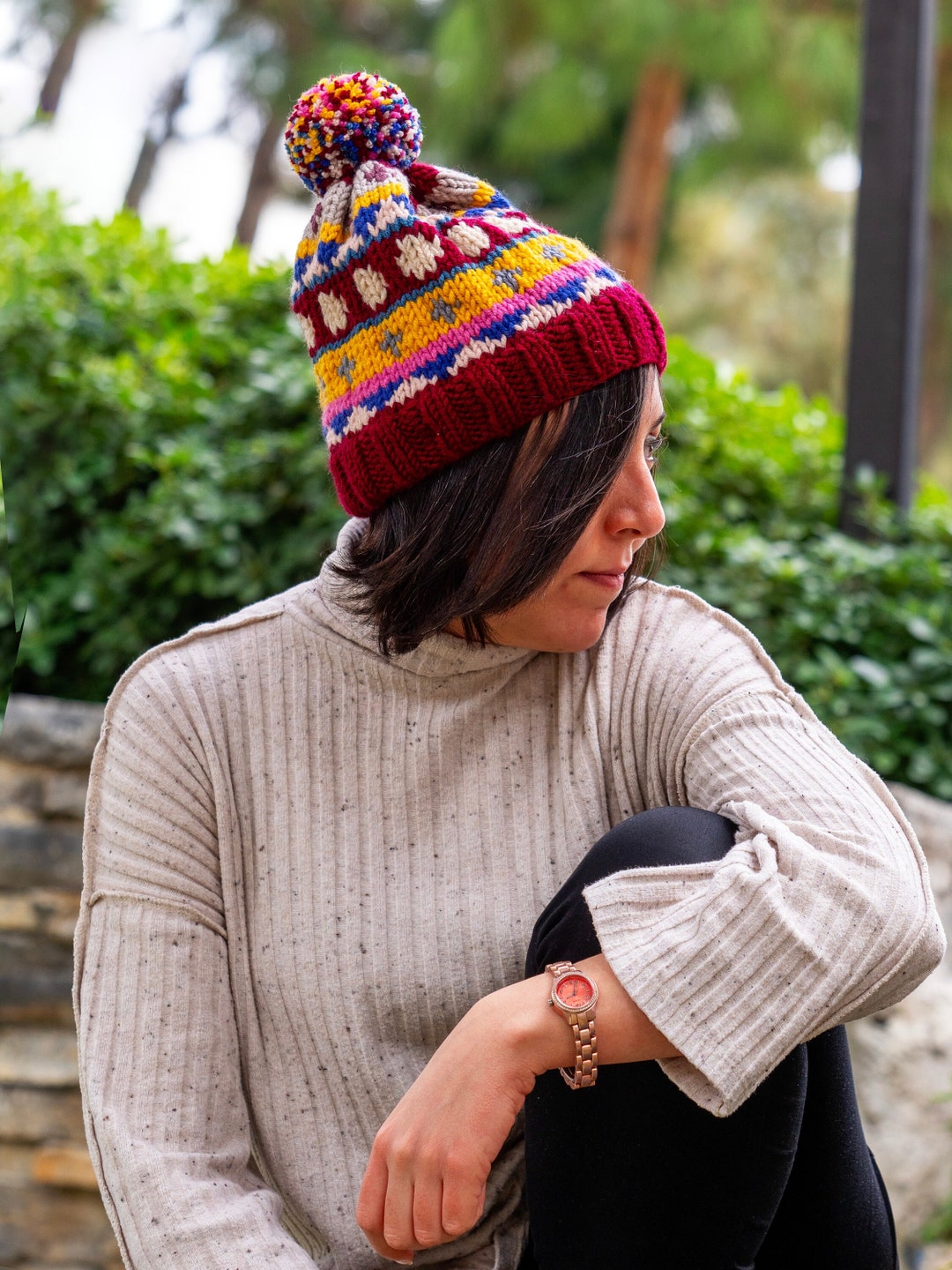 Multicolor Beanies for Women Handmade Knitted Beanie Bobble Beanie ...