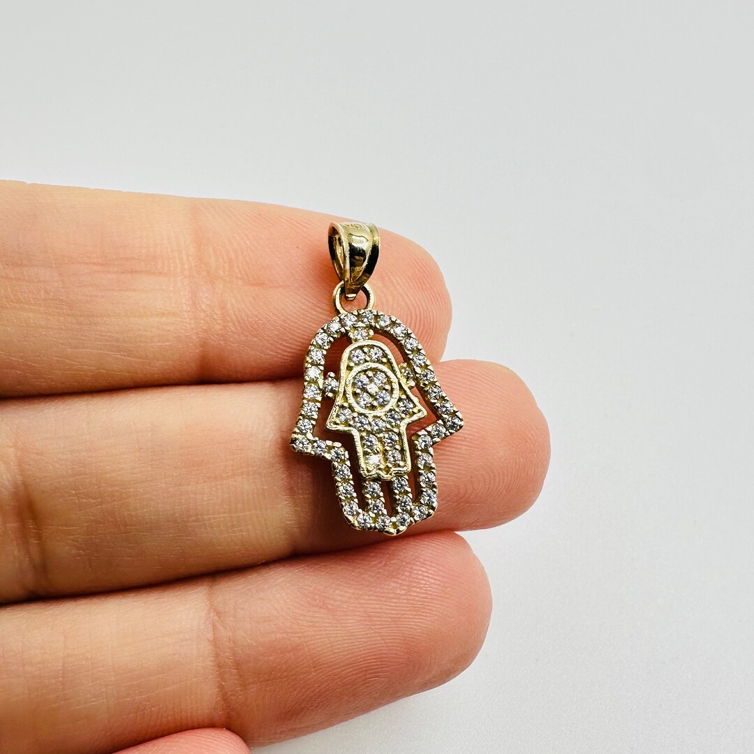 10K Yellow Gold Cubic Zirconia Hamsa - Etsy