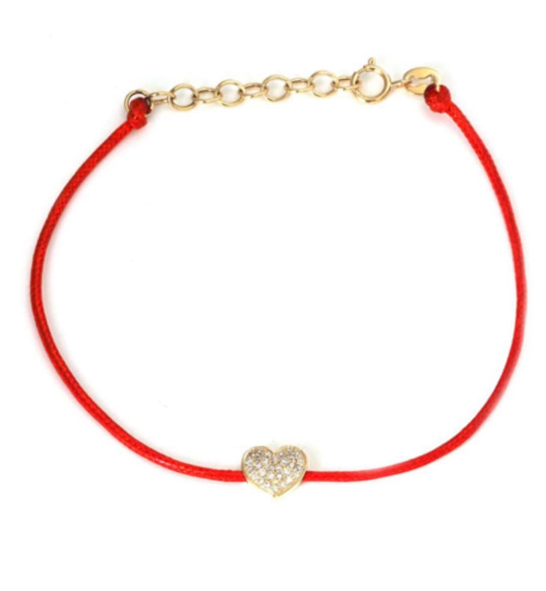 14K Yellow Gold Diamond Heart Red String Bracelet - Etsy