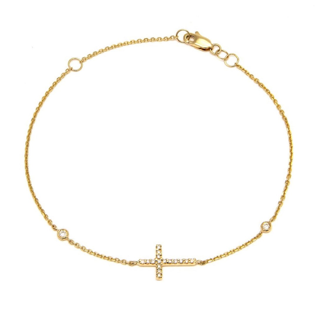14K Yellow Gold Diamond Cross Bracelet - Etsy
