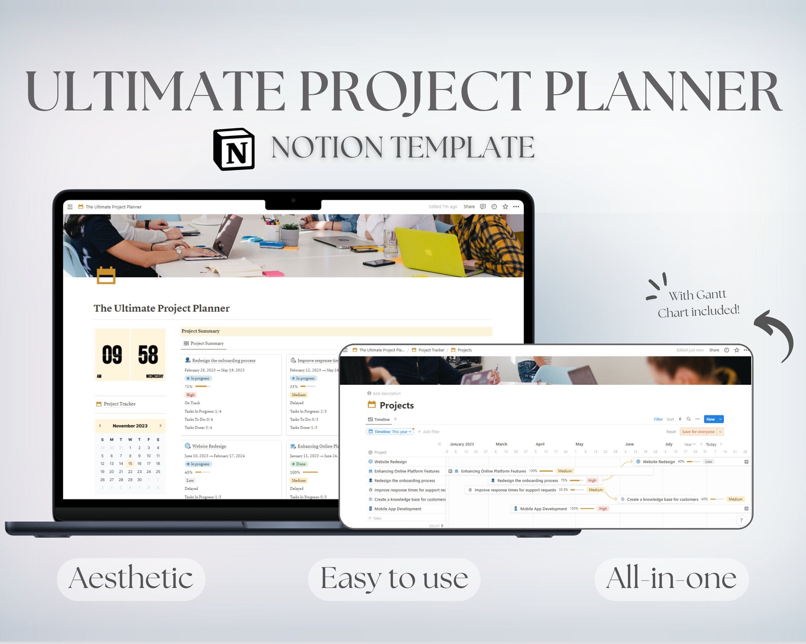Ultimate Notion Project Management Planner With Gantt Chart Notion Project Planner Aesthetic ...