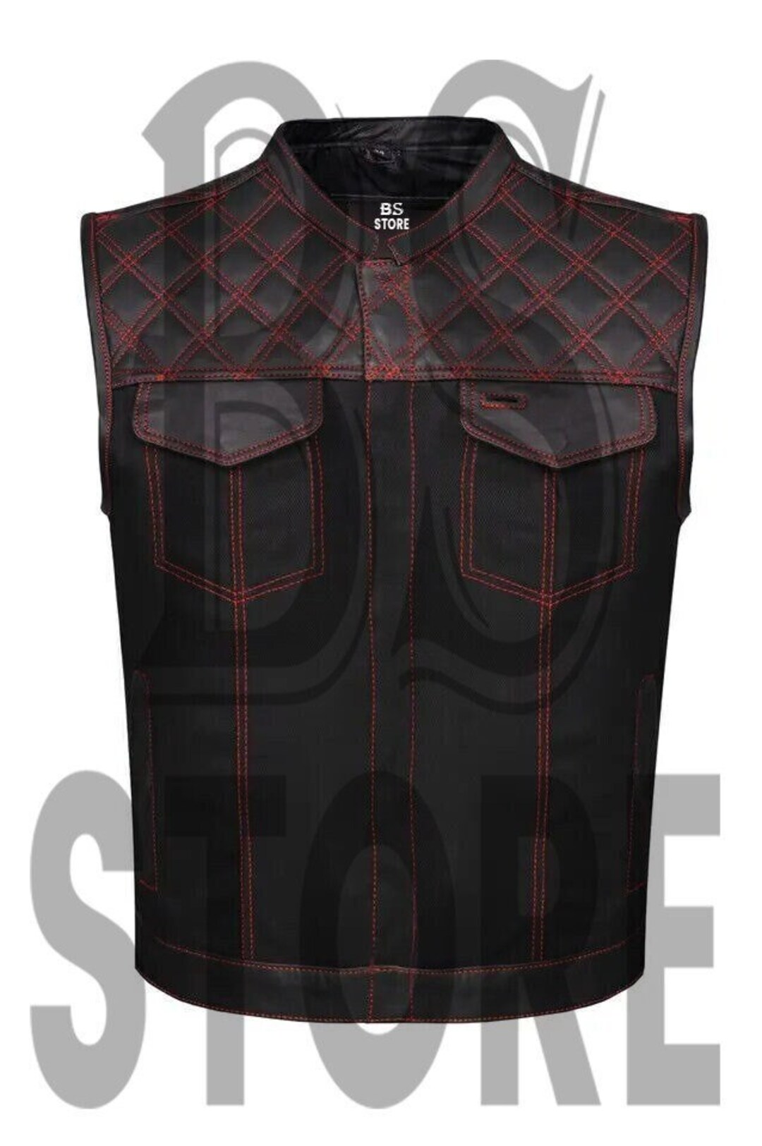 Men's Red Black Vest - Denim & Leather Club Vest - Diamond Padding ...