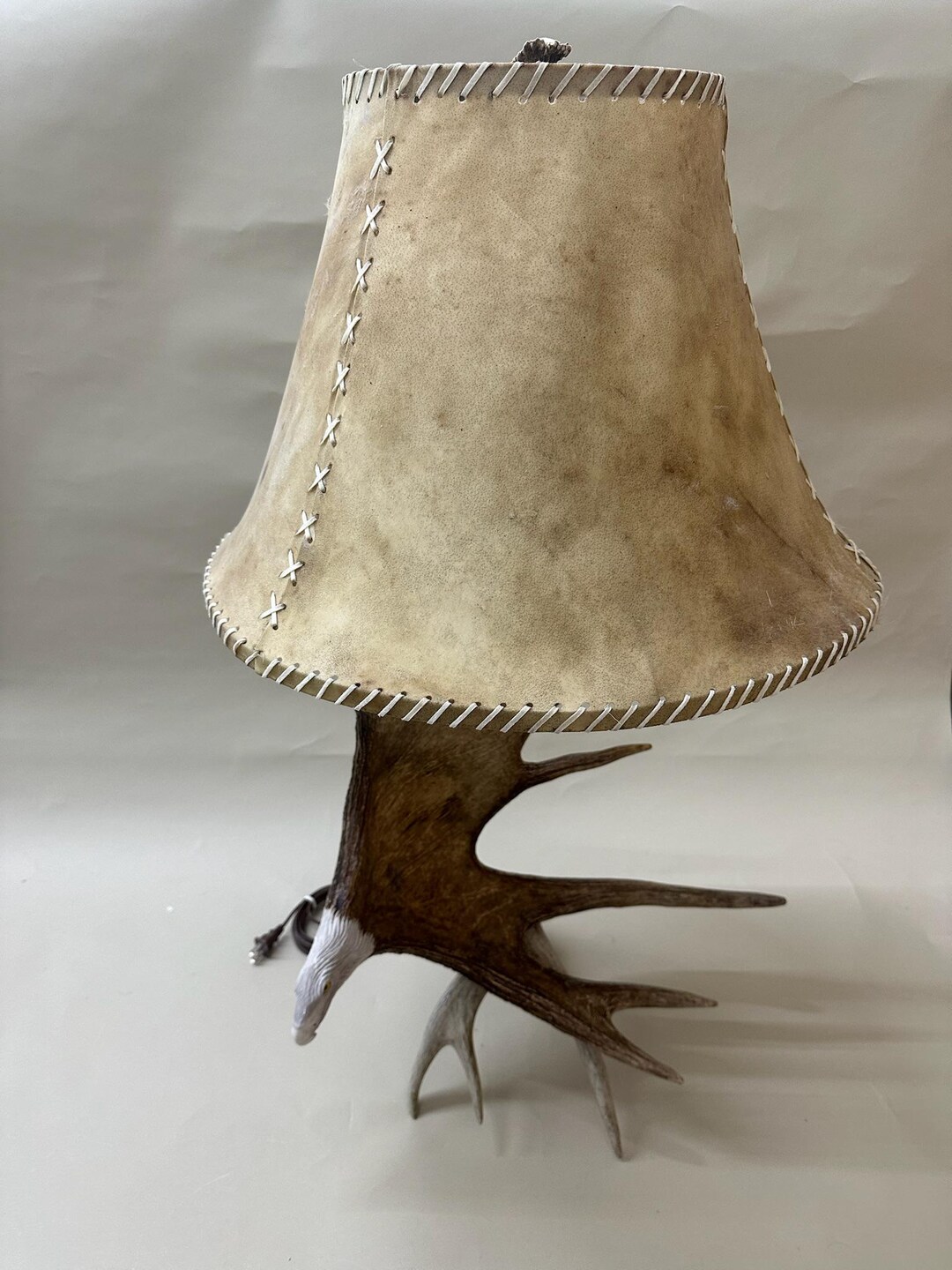 Real Moose Antler Table Lamp W/ Eagle Carving, Hand Stitched Rawhide ...