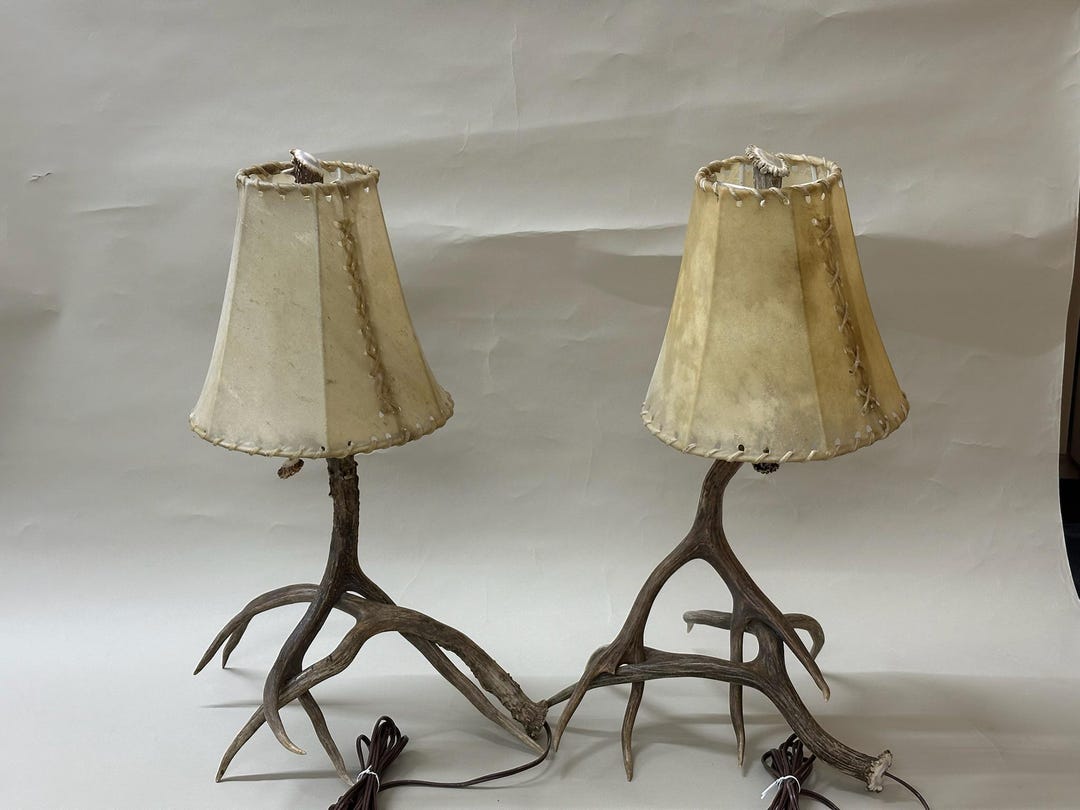 2 Real Mule Deer Antler Table Lamp Lights (23x16")with Hand Stitched ...
