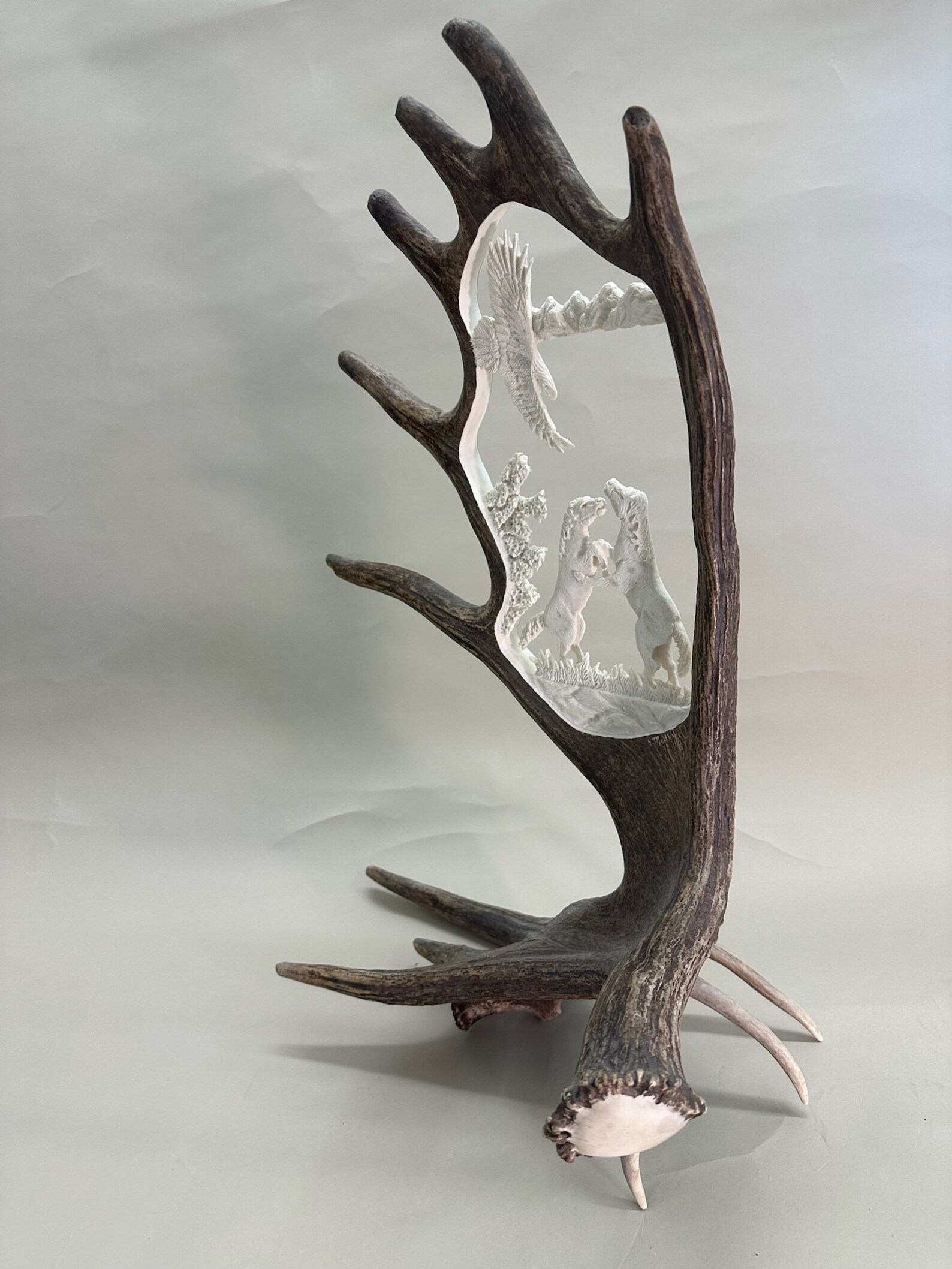 Real Moose Antler Hand Carved Carving-mustangs With Soaring Eagle ...