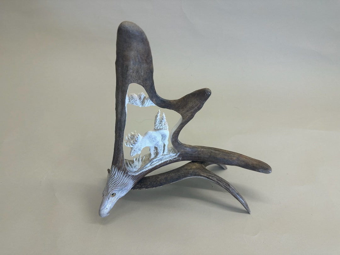 Full Real Moose Antler Hand Carved Antler Carving W/ Eagle (small Space ...