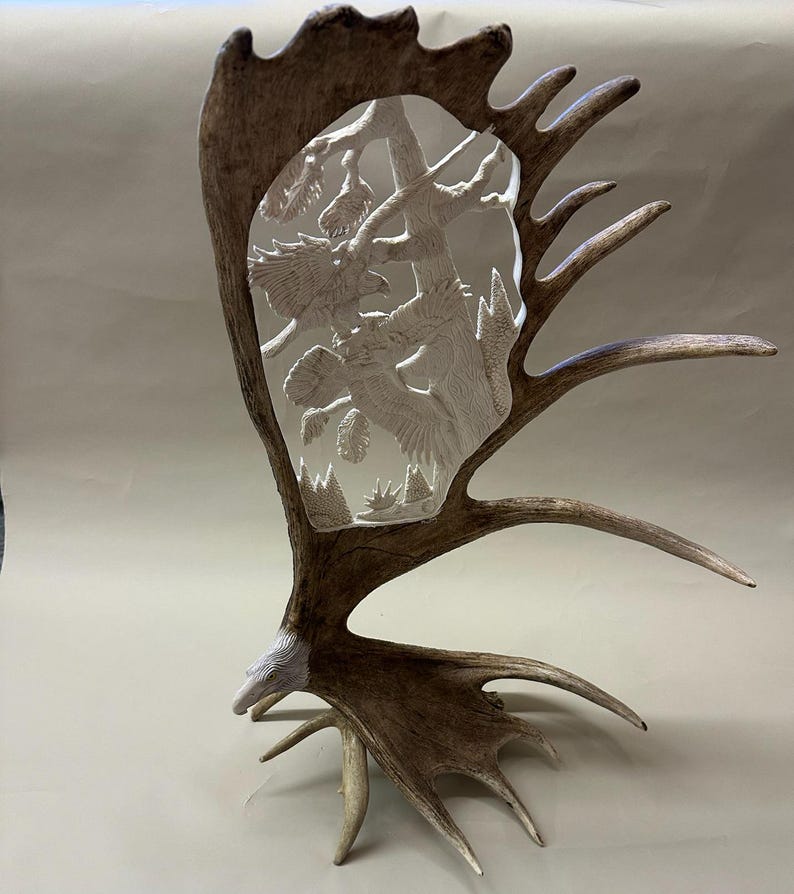 Extra Large Moose Fighting Eagle Real Antler Carving (lodge, Rustic ...