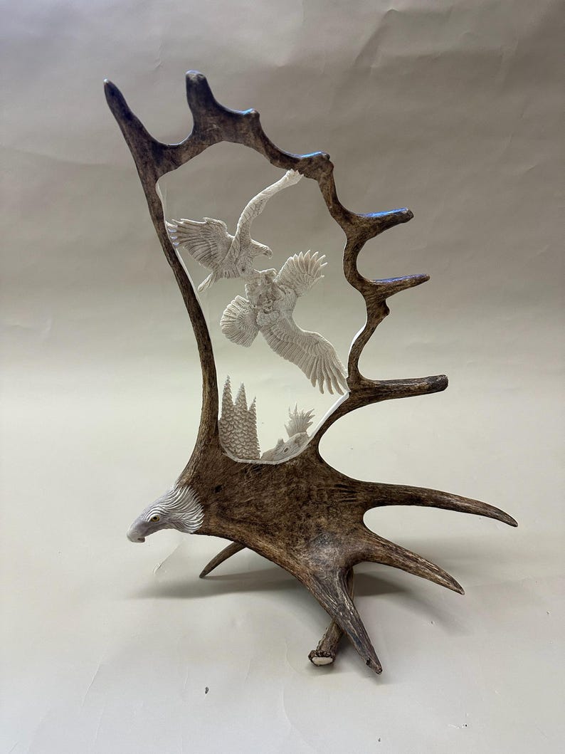 Extra Large Moose Fighting Eagle Real Antler Carving (lodge, Rustic ...