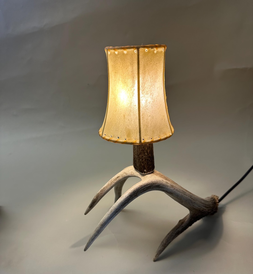 Real Whitetail Antler Table Lamp With Hand Stitched Rawhide Shade ...