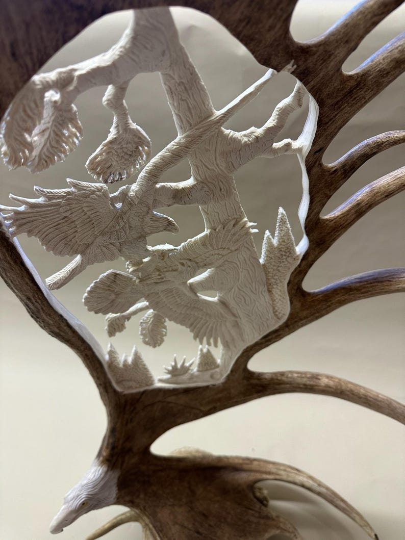 Extra Large Moose Fighting Eagle Real Antler Carving (lodge, Rustic ...