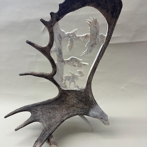 Hand-carved Real Moose & Eagle Antler Sculpture: Rustic Cabin Decor - Etsy