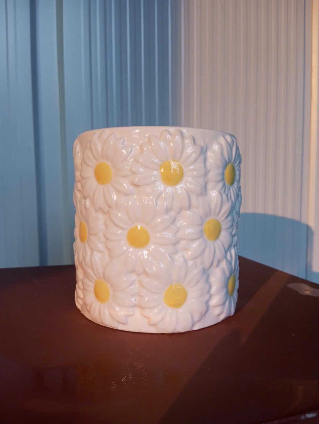 Handmade Ceramic Daisy Vase - White Floral Relief Planter - Yellow ...