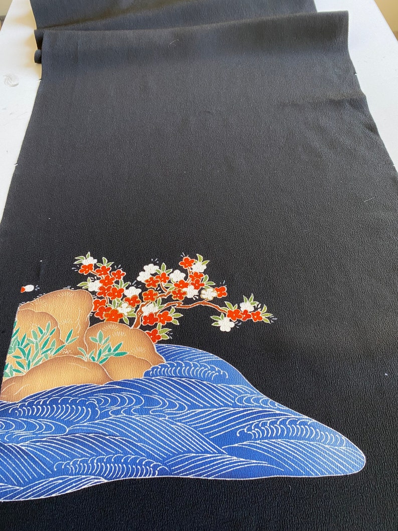 170cm Long Panel Vintage Silk Black Japanese Kimono Tomesode With Waves ...