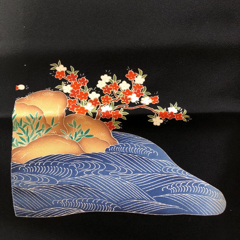 170cm Long Panel Vintage Silk Black Japanese Kimono Tomesode With Waves ...