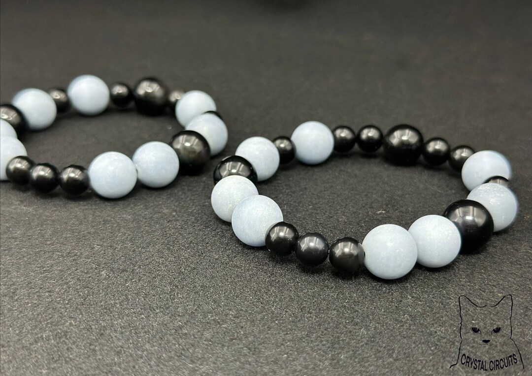 Angelite and Obsidian his and Hers Angel Communication Custom Bracelets ...