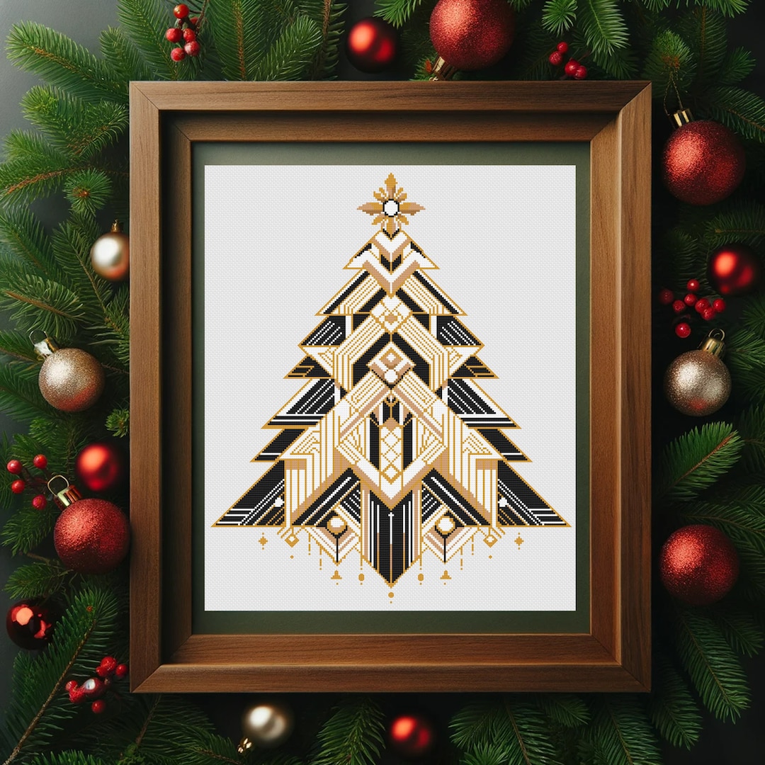 Black and Gold Art Deco Christmas Tree Cross Stitch Pattern - Etsy