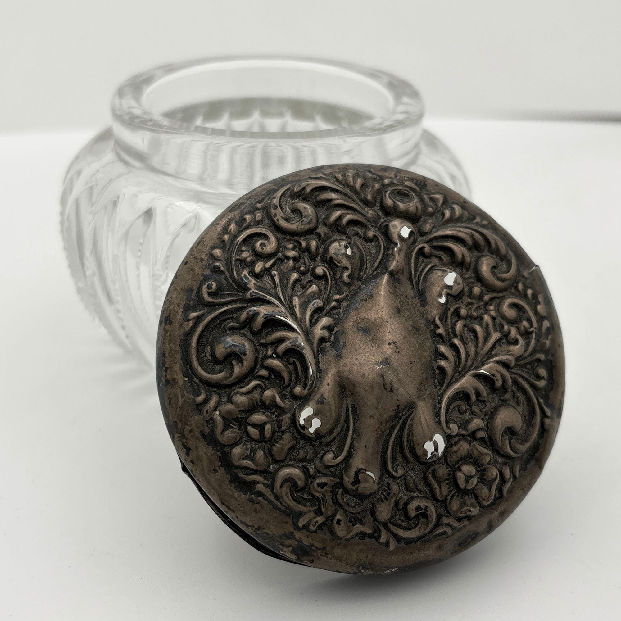 Antique Victorian Hair Receiver: Sterling Silver Repoussé Lid, Glass ...
