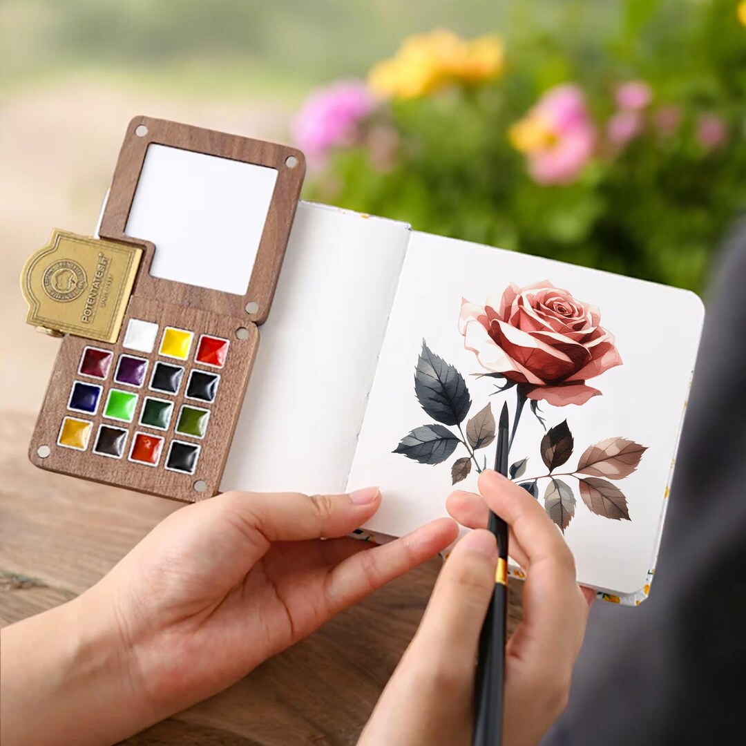 15 Colors Travel Set Portable Paint Box, Watercolor Palette Walnut Box ...