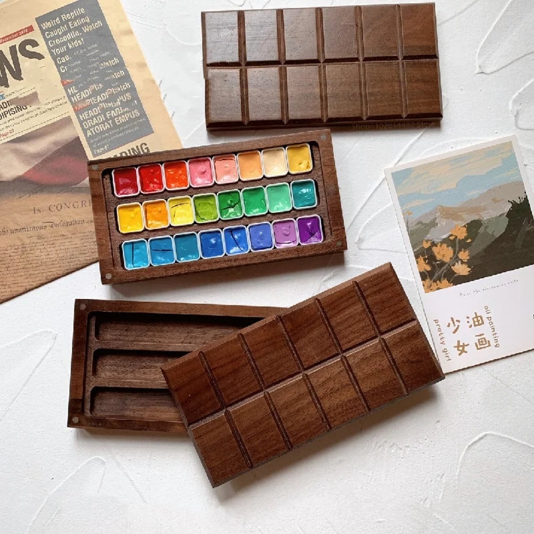 Wooden Watercolor Palette, Portable Watercolor Box, Travel Bamboo Paint ...