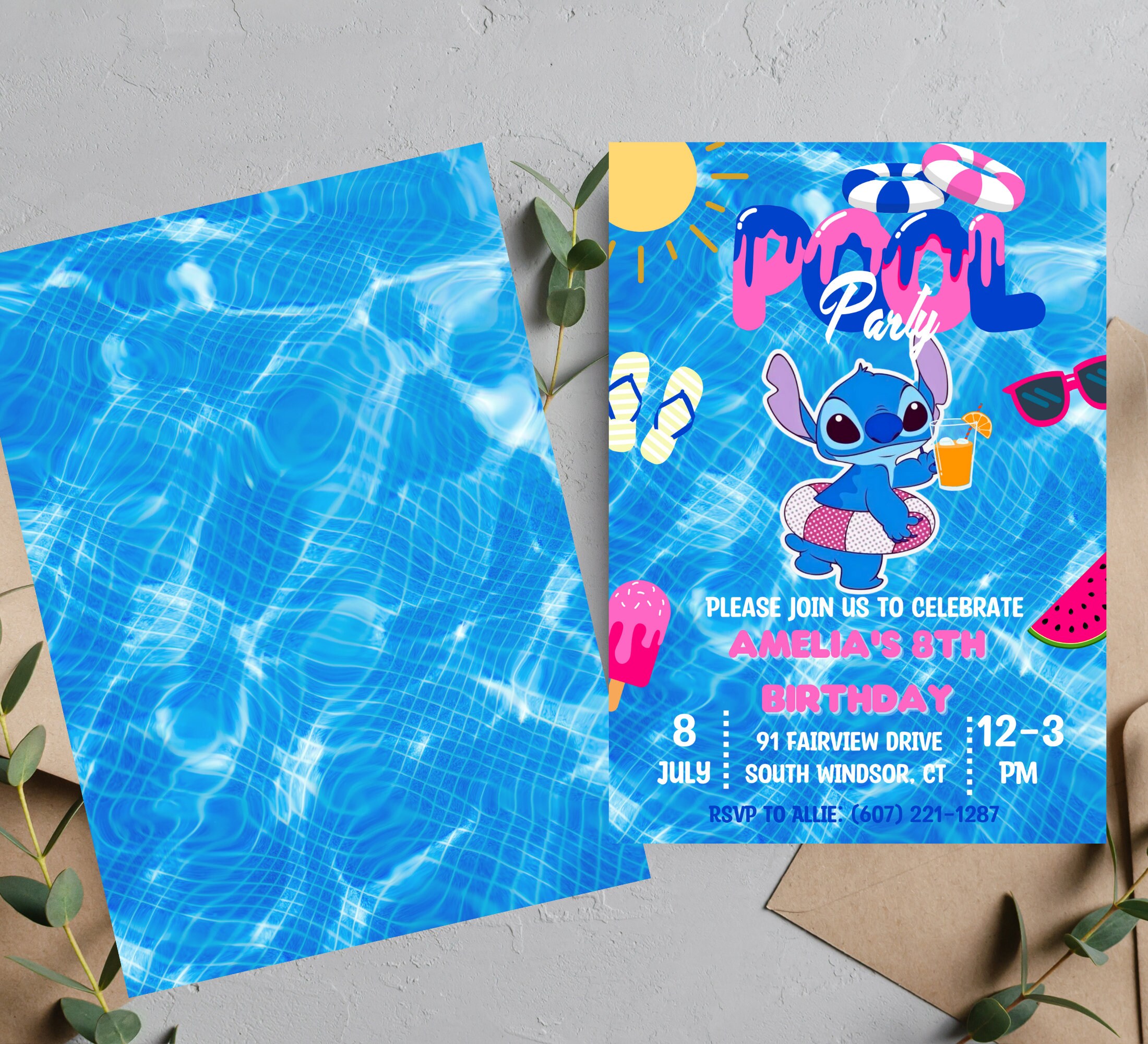 Stitch Pool Party Birthday Invitation, Summer Pool Party Birthday ...