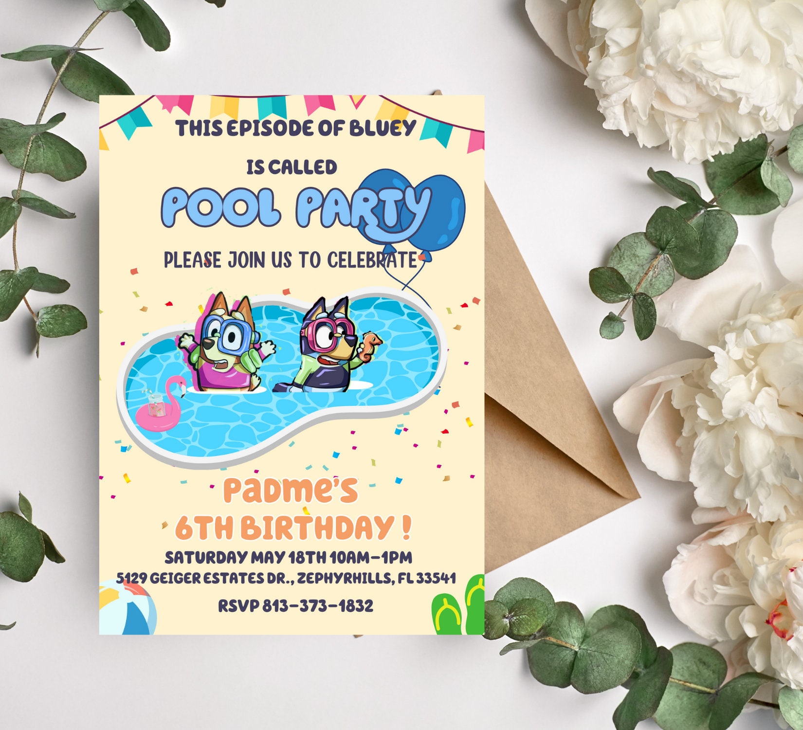 Bluey Pool Birthday Party Invitation, Bluey and Bingo Birthday Invite ...