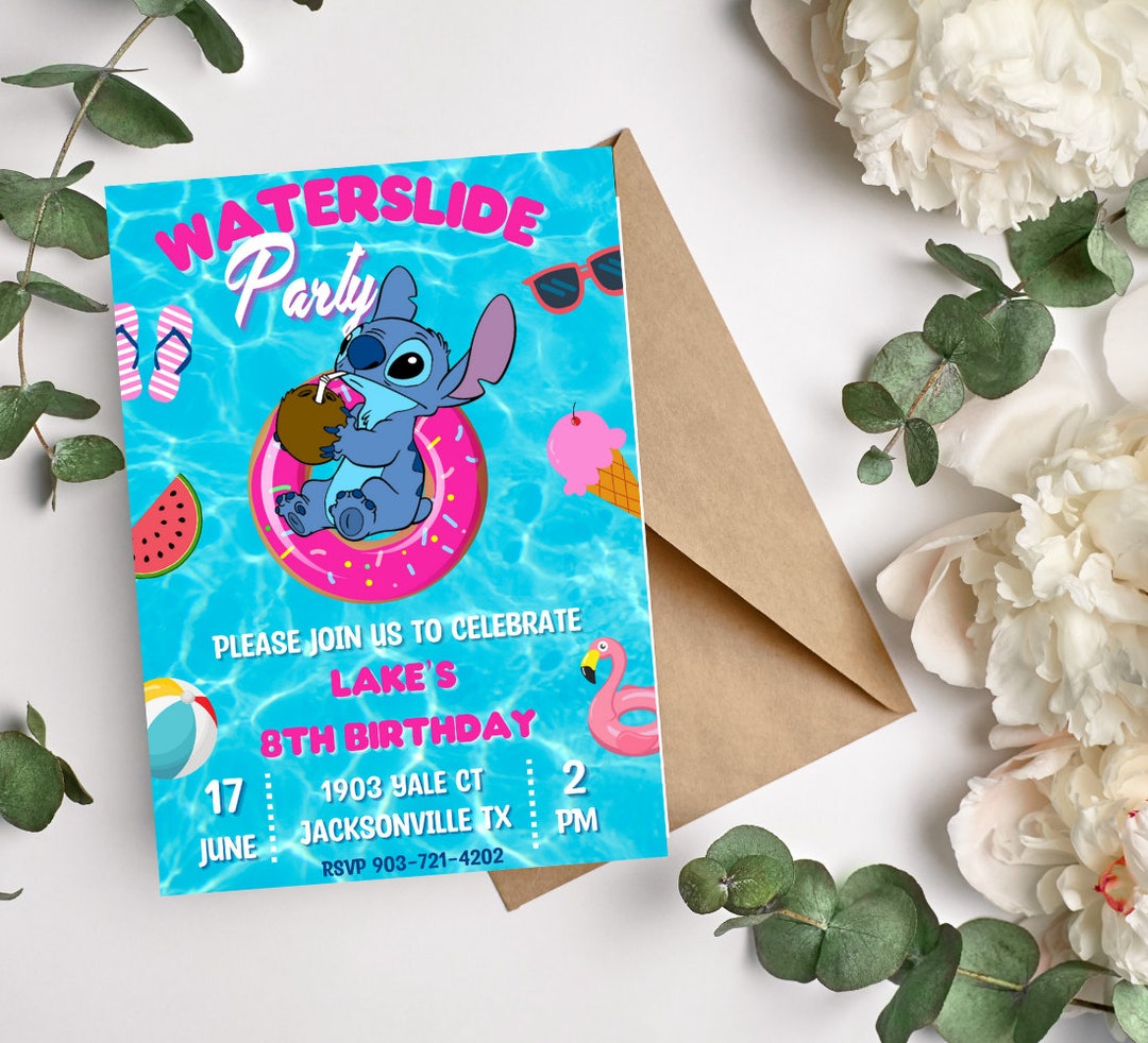 Stitch Pool Waterslide Birthday Invitation, Summer Pool Party Birthday ...