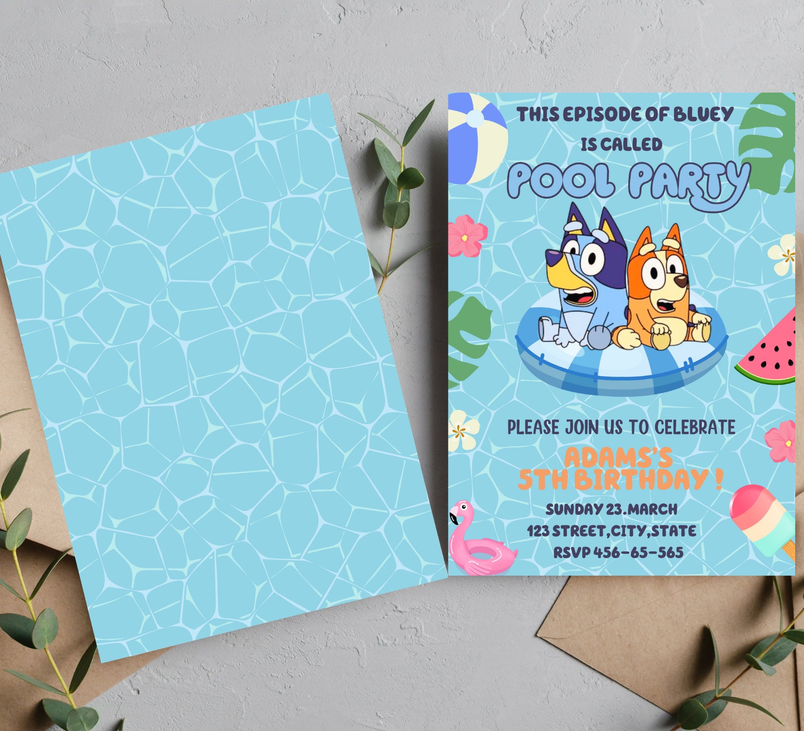 Bluey Pool Birthday Party Invitation, Bluey and Bingo Birthday Invite ...